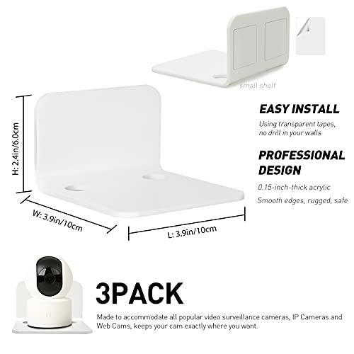 OAPRIRE White Floating Wall Shelves Set of 3 for Security Cameras, Baby Monitors, Speakers & More - Universal Acrylic Small Wall Shelf with Cable Clips, 10-Piece Strong Tapes, No Drill