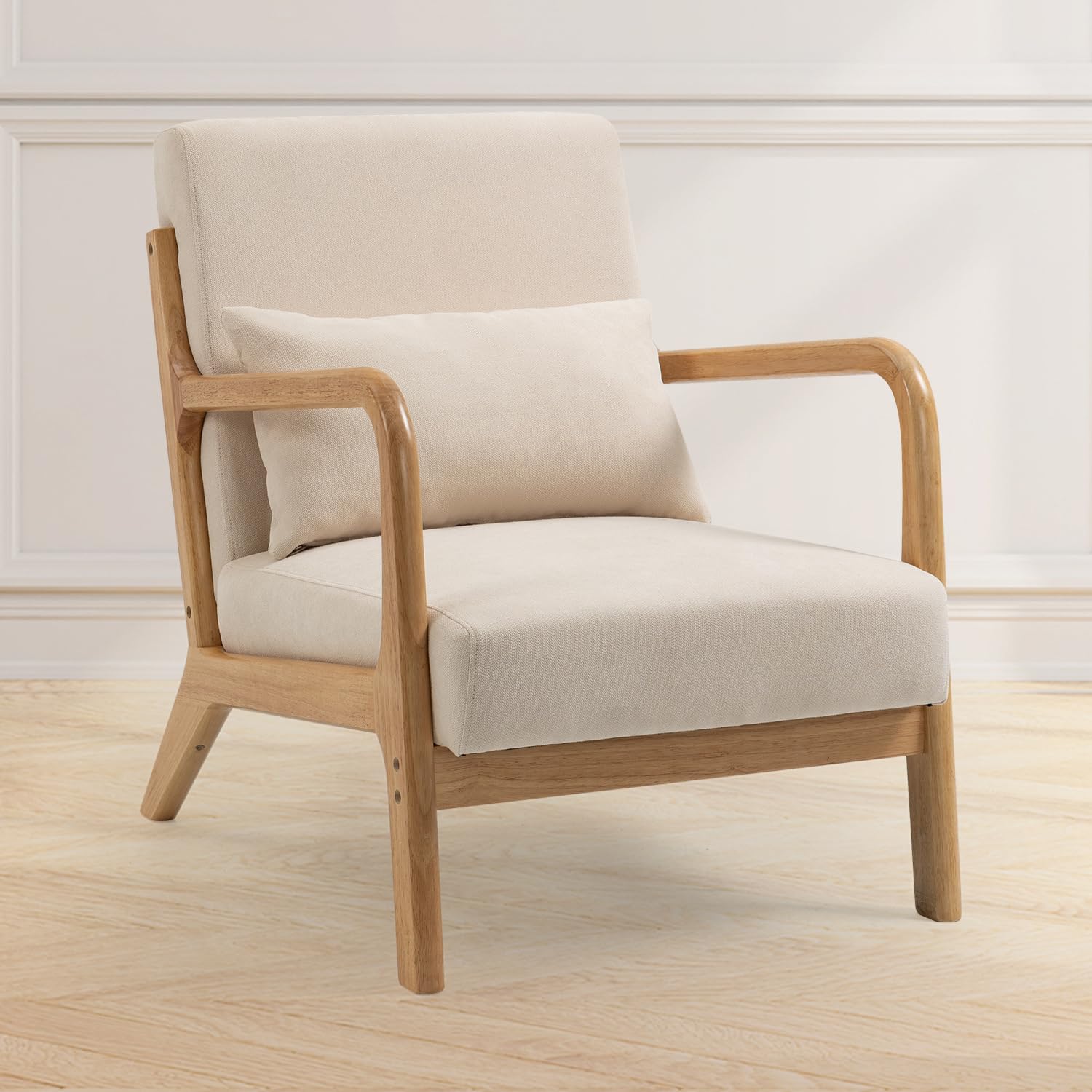 Tiophome Accent Mid-Century Modern Chairs with Pillow Upholstered Lounge Armchair with Solid Wood Frame & Soft Cushion for Living Room, Bedroom, Belcony, Beige