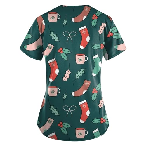 Christmas Women's Nurse Uniforms Short Sleeve Mock Wrap Scrubs Care V-Neck Shirt with Pockets Workwear Long Sleeve Scrub Top(1-Dark Green,3X-Large)