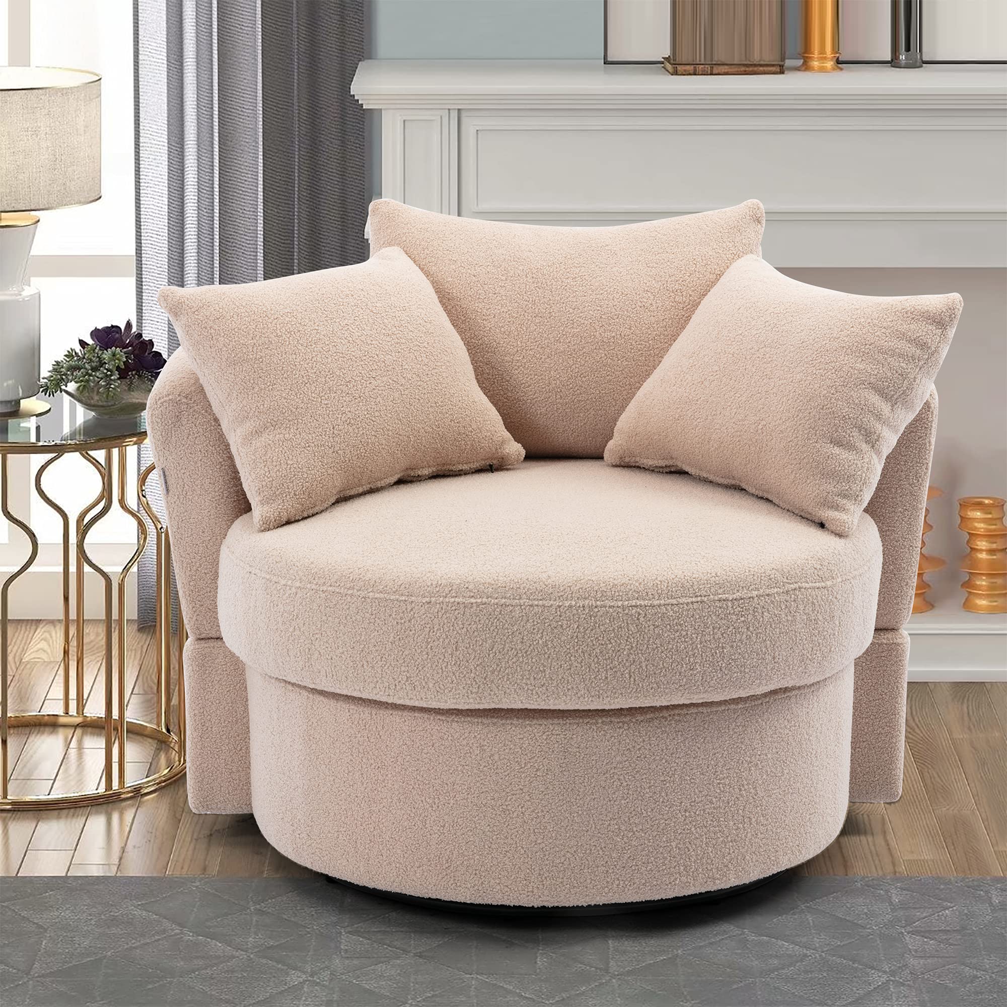 Dxacvkc 40" W Swivel Barrel Chair, Large Swivel Accent Sofa with 3 Pillows, 360 Degree Linen Loveseat Modern Oversized Arm Chair Cozy Club Chair for Bedroom Living Room Office, Camel