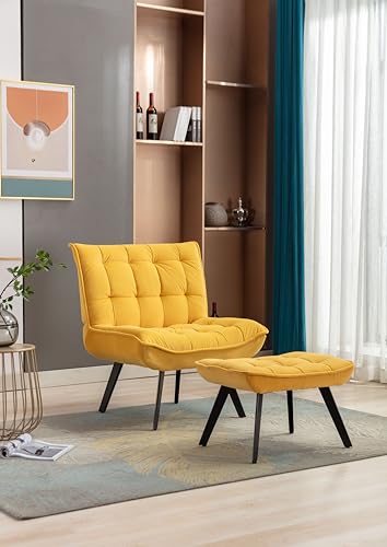 INMOZATA Accent Chairs for Living Room Upholstered Armless Chairs with Footstool Velvet Fabric Single Sofa Chair for Bedroom,Yellow