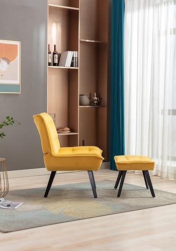 INMOZATA Accent Chairs for Living Room Upholstered Armless Chairs with Footstool Velvet Fabric Single Sofa Chair for Bedroom,Yellow