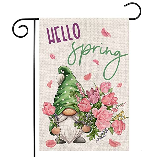 Hello Spring Garden Flag for Outside 12x18 Double Sided,Gnome with Flowers Small Yard Flag, Summer Seasonal Decors for Outdoor Anniversary Wedding Farmhouse Holiday