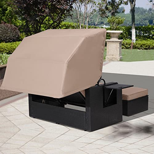 B BAIJIAWEI Outdoor Wicker Loveseat - Patio Furniture Set with Retractable Canopy, Adjustable Back, Side Table, Ottoman, Cushion - PE Rattan Sofa Set for Garden Poolside Backyard Lawn Porch