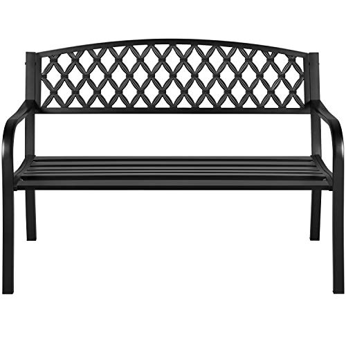 Topeakmart Garden Bench Outdoor Park Metal Bench, Cast Iron Steel Frame Patio Bench Porch Bench with Cross Design and Slatted Seat Clearance for Path, Yard, Backyard, Work, Lawn, Balcony, Deck - Black
