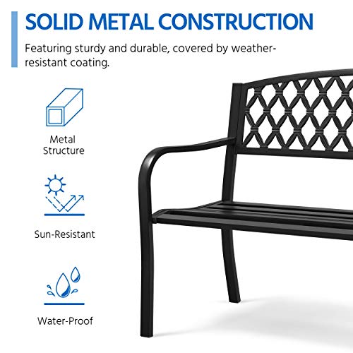 Topeakmart Garden Bench Outdoor Park Metal Bench, Cast Iron Steel Frame Patio Bench Porch Bench with Cross Design and Slatted Seat Clearance for Path, Yard, Backyard, Work, Lawn, Balcony, Deck - Black