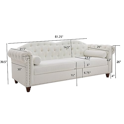 Lunanniu 81" Teddy Fabric Chesterfield Tufted Fabric Sofa 3 Seat Capacity Rolled Arm Nailhead Trim Thick Cushion Deep Seat Button Tufted Back Cozy Stylish for Living Room Apartment White