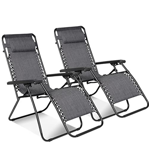 KEPLIN Zero Gravity Chairs Set of 2 with Canopy - Made of Textoline I Heavy Duty Lounger for Garden I Patio Sun Loungers I Folding Reclining Chairs (Grey)