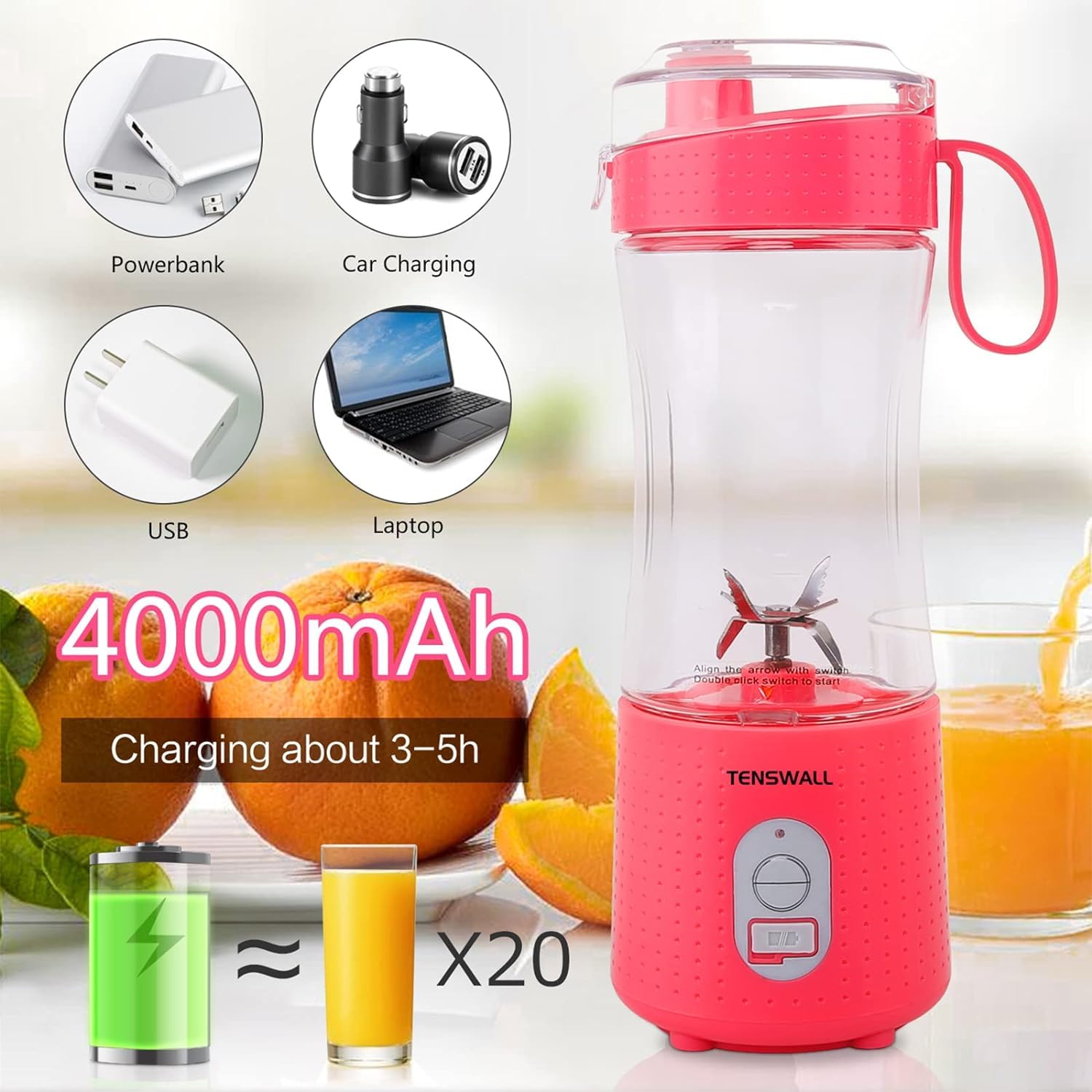 Meishen Portable Mini Smoothies Shakes Blender: Personal Size Single Serve Travel Fruit Juicer Mixer Cup with Wireless Rechargeable USB Small Electric Individual Blender for Juice Milk - Pink