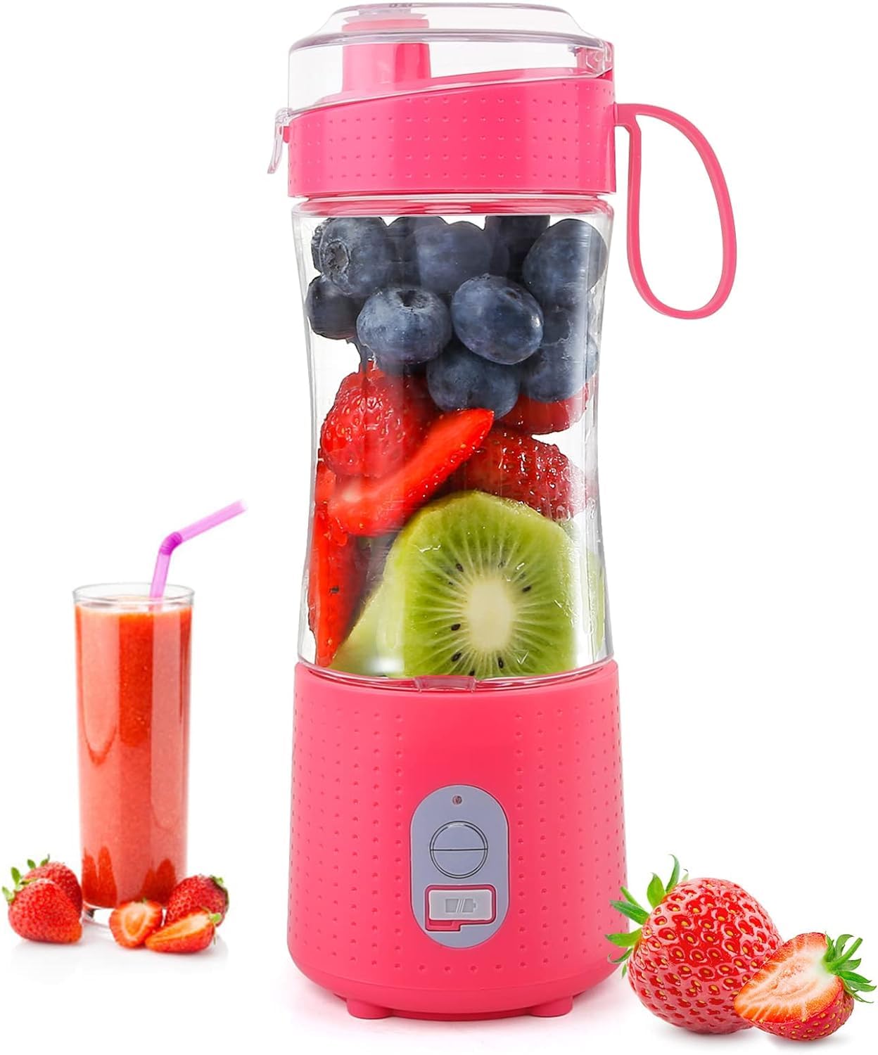 Meishen Portable Mini Smoothies Shakes Blender: Personal Size Single Serve Travel Fruit Juicer Mixer Cup with Wireless Rechargeable USB Small Electric Individual Blender for Juice Milk - Pink