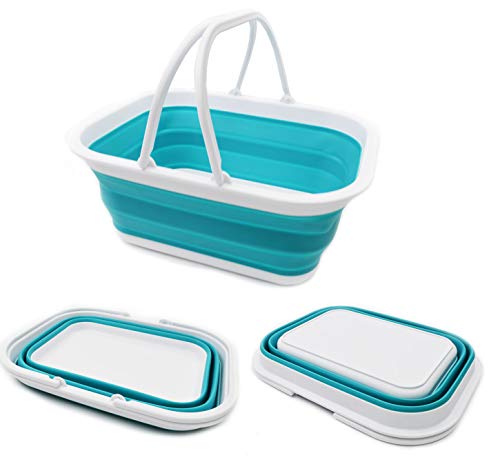 SAMMART 15.5L (4.1 Gallon) Collapsible Tub with Handle - Portable Outdoor Picnic Basket/Crater - Foldable Shopping Bag - Space Saving Storage Container (Bright Blue)