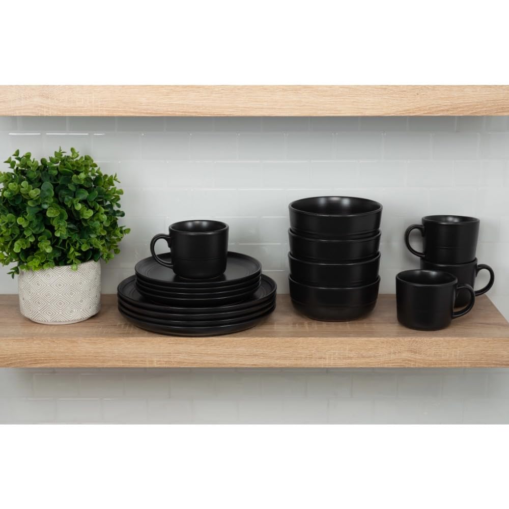 IHIPPO Modern Flat Stoneware Plates And Bowls Sets 16-PieceDinnerware Set Plates Sets For Home Dinner Set Dishes And Plate Set Stoneware Dinnerware Serive For 4 Person Dishwasher & Microwave Safe Dish