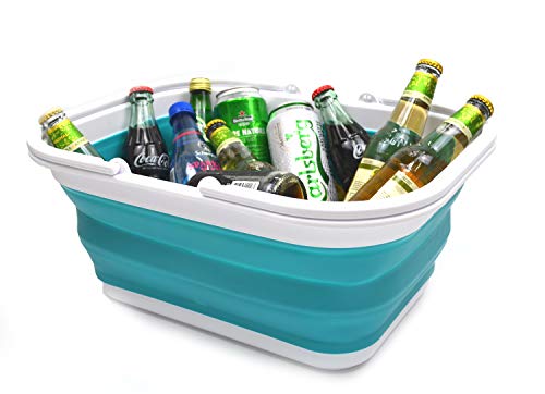 SAMMART 15.5L (4.1 Gallon) Collapsible Tub with Handle - Portable Outdoor Picnic Basket/Crater - Foldable Shopping Bag - Space Saving Storage Container (Bright Blue)