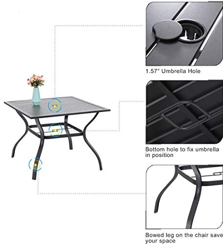 PHI VILLA 37" Metal Steel Slat Patio Dining Table Square Backyard Bistro Table Outdoor Furniture Garden Table, 1.57โ Umbrella Hole, Black