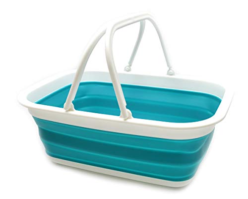 SAMMART 15.5L (4.1 Gallon) Collapsible Tub with Handle - Portable Outdoor Picnic Basket/Crater - Foldable Shopping Bag - Space Saving Storage Container (Bright Blue)