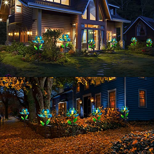 Solar Yard Lights Wind Spinners- Metal Lotus Flower Garden Decor LED Crackle Glass Globe Yard Art Sculpture Solar Stake Lights for Patio Pathway Lawn Walkway