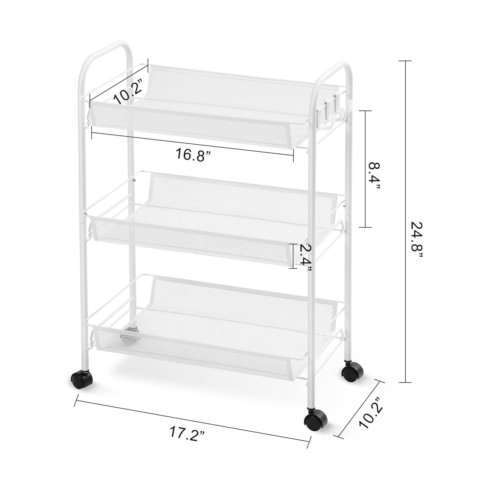 TOOLF 3 Tier Rolling Cart Bundle with 4-Tier Rolling Cart, Metal Utility Cart with 3 Hooks, Easy Assemble Mobile Storage Trolley On Wheels, Slide Out Shelving Units Kitchen Bathroom Laundry Room