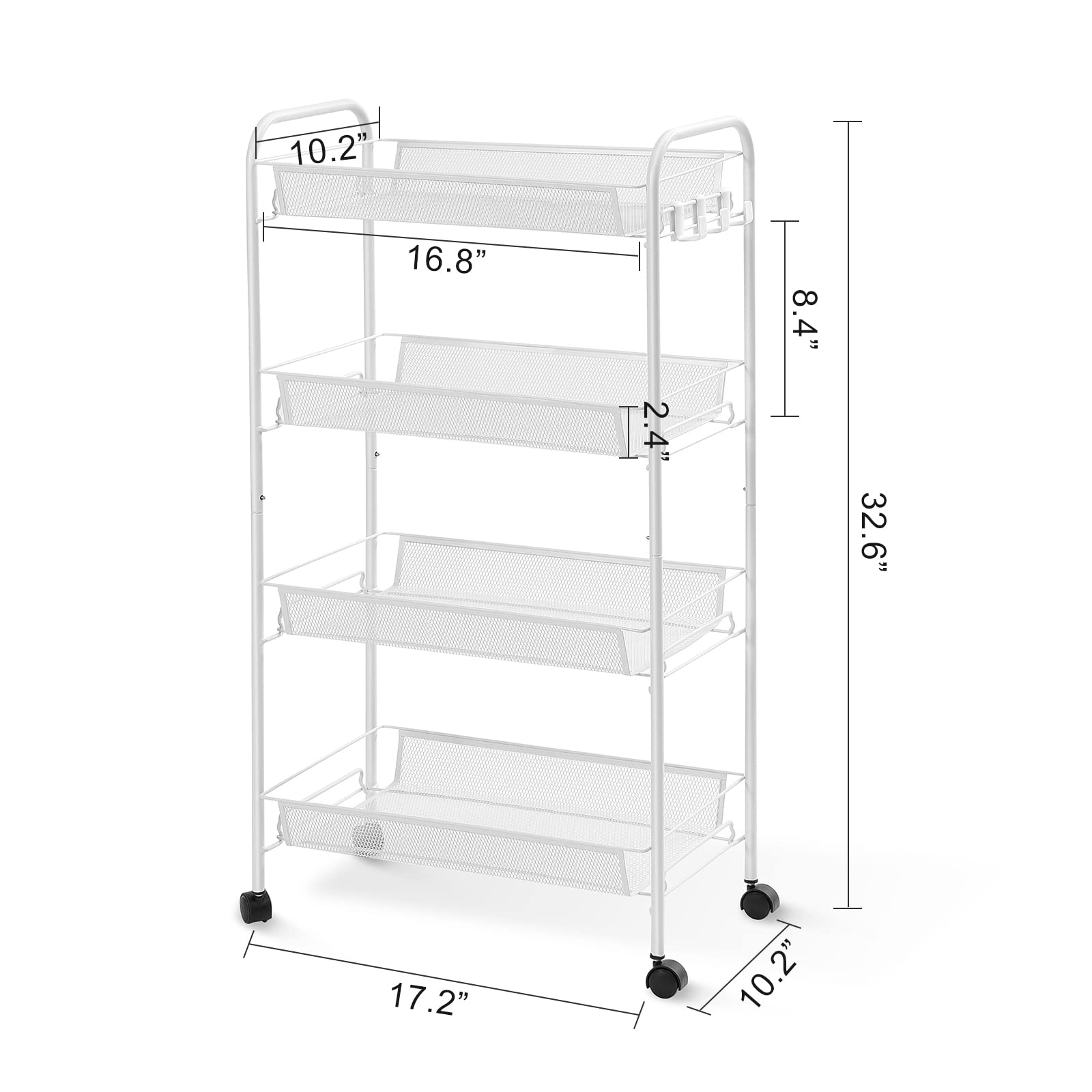 TOOLF 3 Tier Rolling Cart Bundle with 4-Tier Rolling Cart, Metal Utility Cart with 3 Hooks, Easy Assemble Mobile Storage Trolley On Wheels, Slide Out Shelving Units Kitchen Bathroom Laundry Room