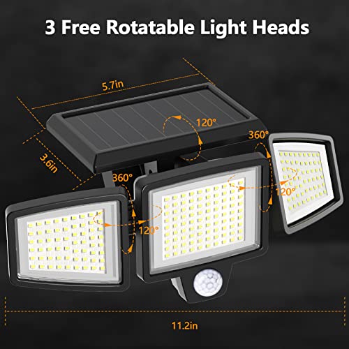 QIYVLOS Solar Lights Outdoor -2 Pack, 210 LED 2500LM Motion Sensor Lights with Remote Control, IPX5 Waterproof, 3 Heads Security LED Flood Light, 360° Wide Angle Illumination Wall Light with 3 Modes