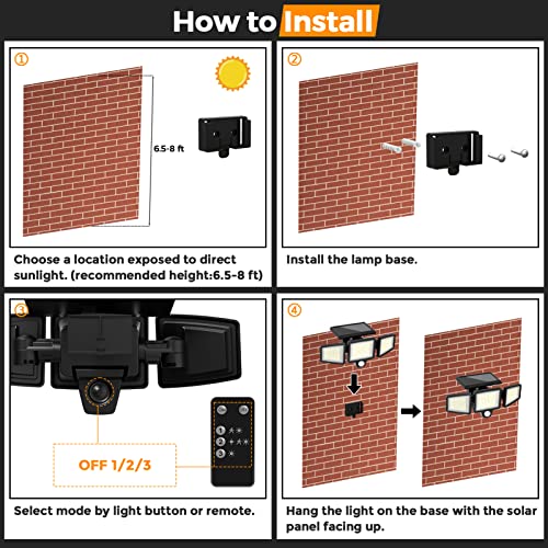 QIYVLOS Solar Lights Outdoor -2 Pack, 210 LED 2500LM Motion Sensor Lights with Remote Control, IPX5 Waterproof, 3 Heads Security LED Flood Light, 360° Wide Angle Illumination Wall Light with 3 Modes