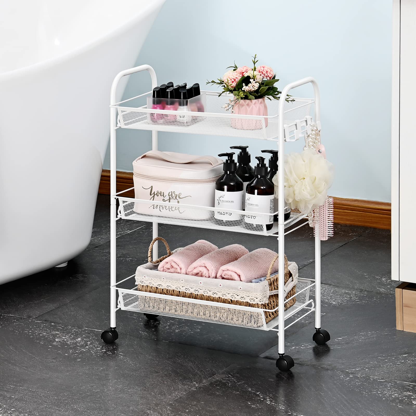 TOOLF 3 Tier Rolling Cart Bundle with 4-Tier Rolling Cart, Metal Utility Cart with 3 Hooks, Easy Assemble Mobile Storage Trolley On Wheels, Slide Out Shelving Units Kitchen Bathroom Laundry Room