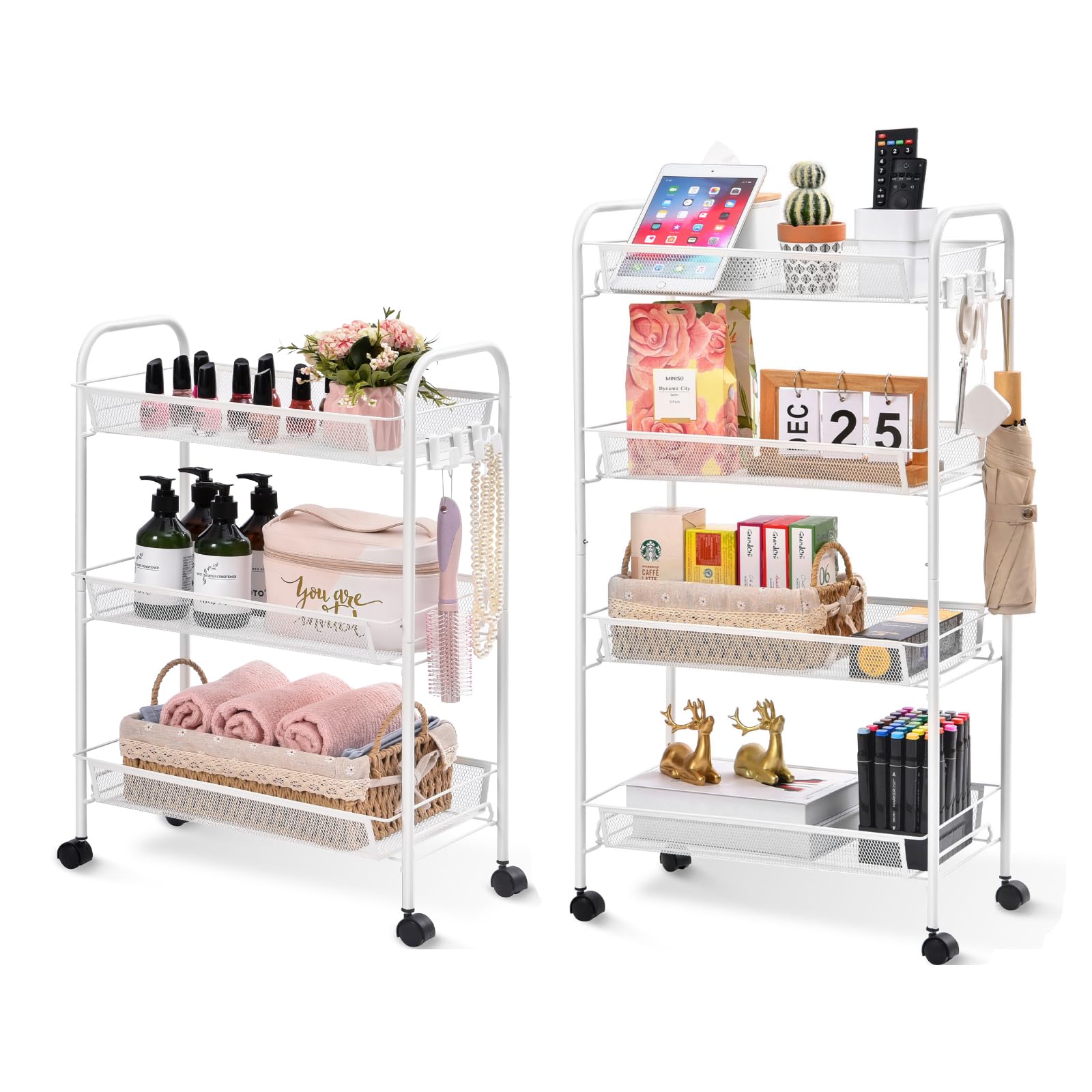 TOOLF 3 Tier Rolling Cart Bundle with 4-Tier Rolling Cart, Metal Utility Cart with 3 Hooks, Easy Assemble Mobile Storage Trolley On Wheels, Slide Out Shelving Units Kitchen Bathroom Laundry Room