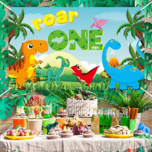 WATINC Roar One Birthday Backdrop Banner Dinosaur Theme 1 Year Old Wild Forest XtraLarge Background Photo Booth Photography Baby Shower Polyester Party Decorations Supplies for Home Studio 71x43 Inch
