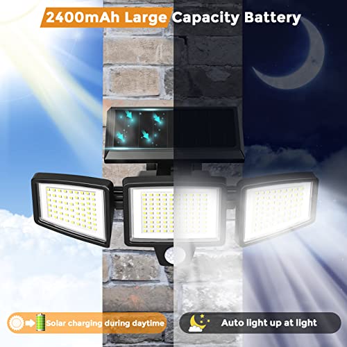 QIYVLOS Solar Lights Outdoor -2 Pack, 210 LED 2500LM Motion Sensor Lights with Remote Control, IPX5 Waterproof, 3 Heads Security LED Flood Light, 360° Wide Angle Illumination Wall Light with 3 Modes