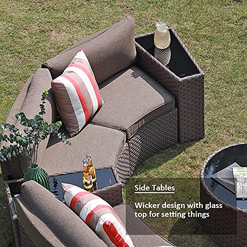 SUNSITT Outdoor Sectional Set 11-Piece Half Moon Patio Furniture, PE Wicker Sofa Taupe Cushions with 4 Side Table and 4 Pillows