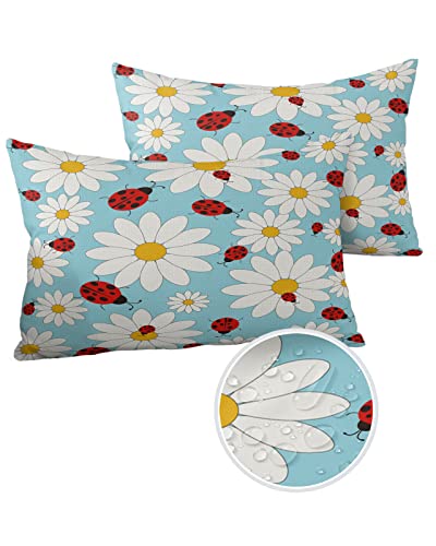 Outdoor Pillow Covers Set of 2, Daisy Ladybug Waterproof Throw Pillow Covers Fresh Flower Garden Patio Furniture Cushion Cover for Sofa Outdoor Decor, 20x12inch
