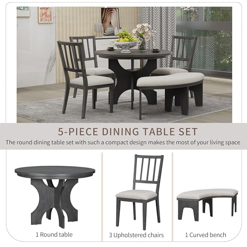 UBGO 5-Piece, Kitchen Room Sets with 44" Round Table and 3 Upholstered Dining Chairs & a Curved Bench,for 4-5 People (Grey)