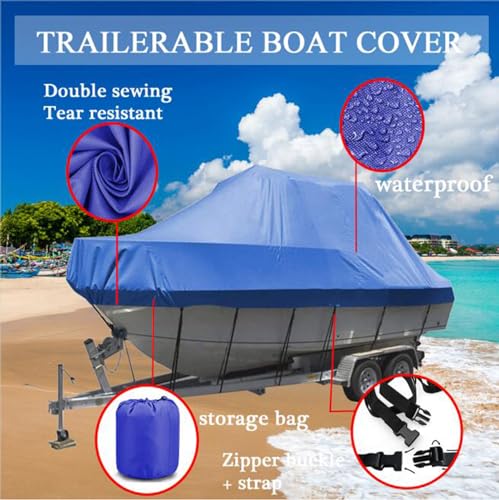 Trailer Boat Cover, Heavy Duty Boat Cover Waterproof UV Resistan for V&Tri-Hull Runabout Fishing Boat, with Adjustable Side Straps Boat Cover,600d,14~16FT:510 * 250CM