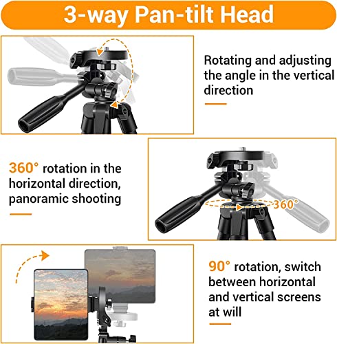 63" Tripod Stand for 4"-13" Phone & Tablet, Camera Tripod Stand with Rechargeable Remote & Bag, Aluminum Professional Tripod 2 in 1 Mount & 1/4" Screw Tripods for iPhone, iPad, Camera, Projector