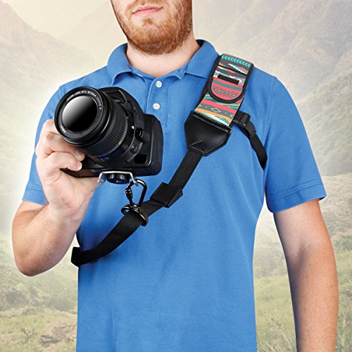 USA GEAR Camera Sling Shoulder Strap with Adjustable Neoprene, Safety Tether, Accessory Pocket, Quick Release Buckle - Compatible w/ Canon, Nikon, Sony and More DSLR and Mirrorless Cameras (Southwest)