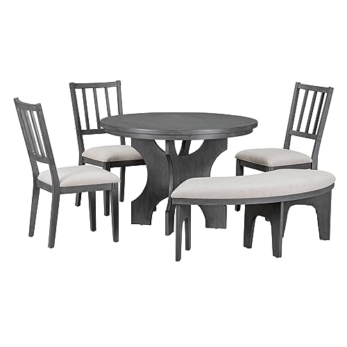 UBGO 5-Piece, Kitchen Room Sets with 44" Round Table and 3 Upholstered Dining Chairs & a Curved Bench,for 4-5 People (Grey)