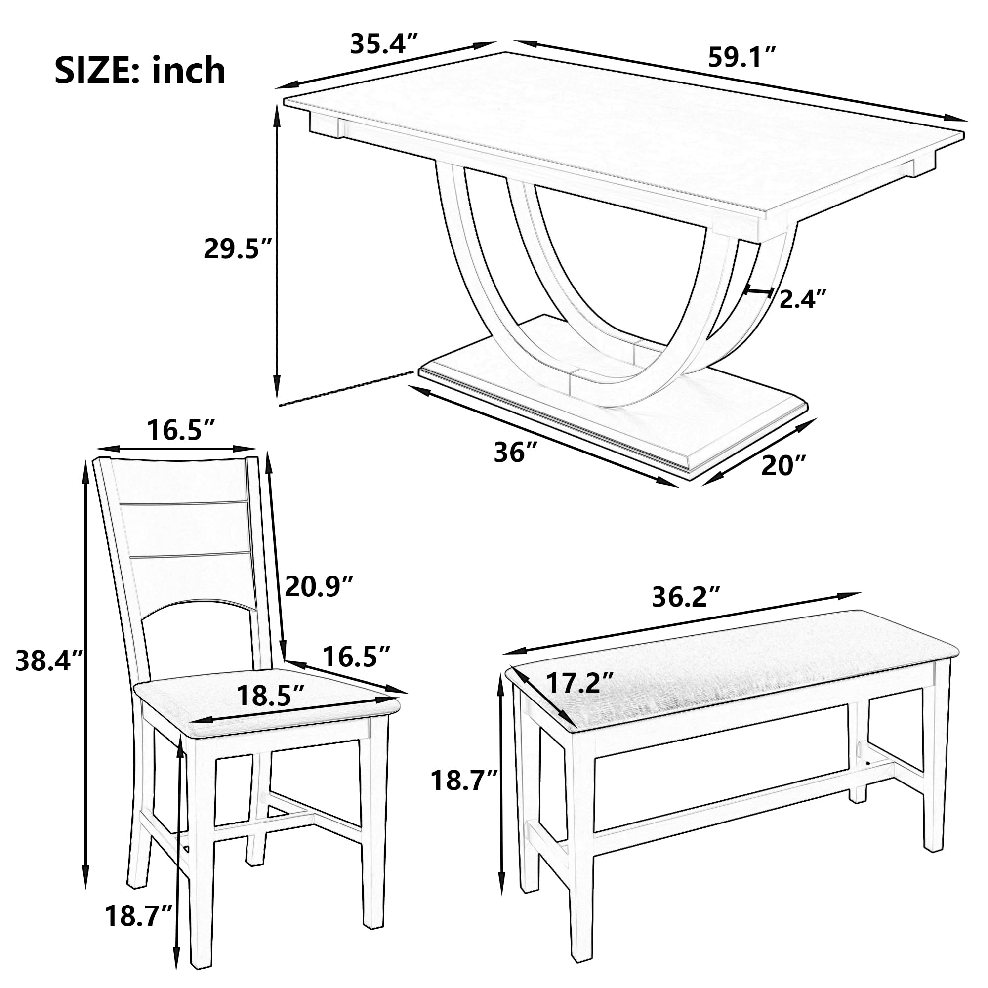 Wood Half Round Dining Table Set, Modern 6-Piece Kitchen Table Set with Long Bench and 4 Dining Chairs, Padded Chairs & Bench Set of 6, Half Round Legs Dining Table (Natural+beige,Half Round Legs)