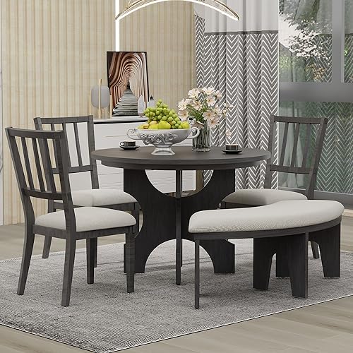 UBGO 5-Piece, Kitchen Room Sets with 44" Round Table and 3 Upholstered Dining Chairs & a Curved Bench,for 4-5 People (Grey)