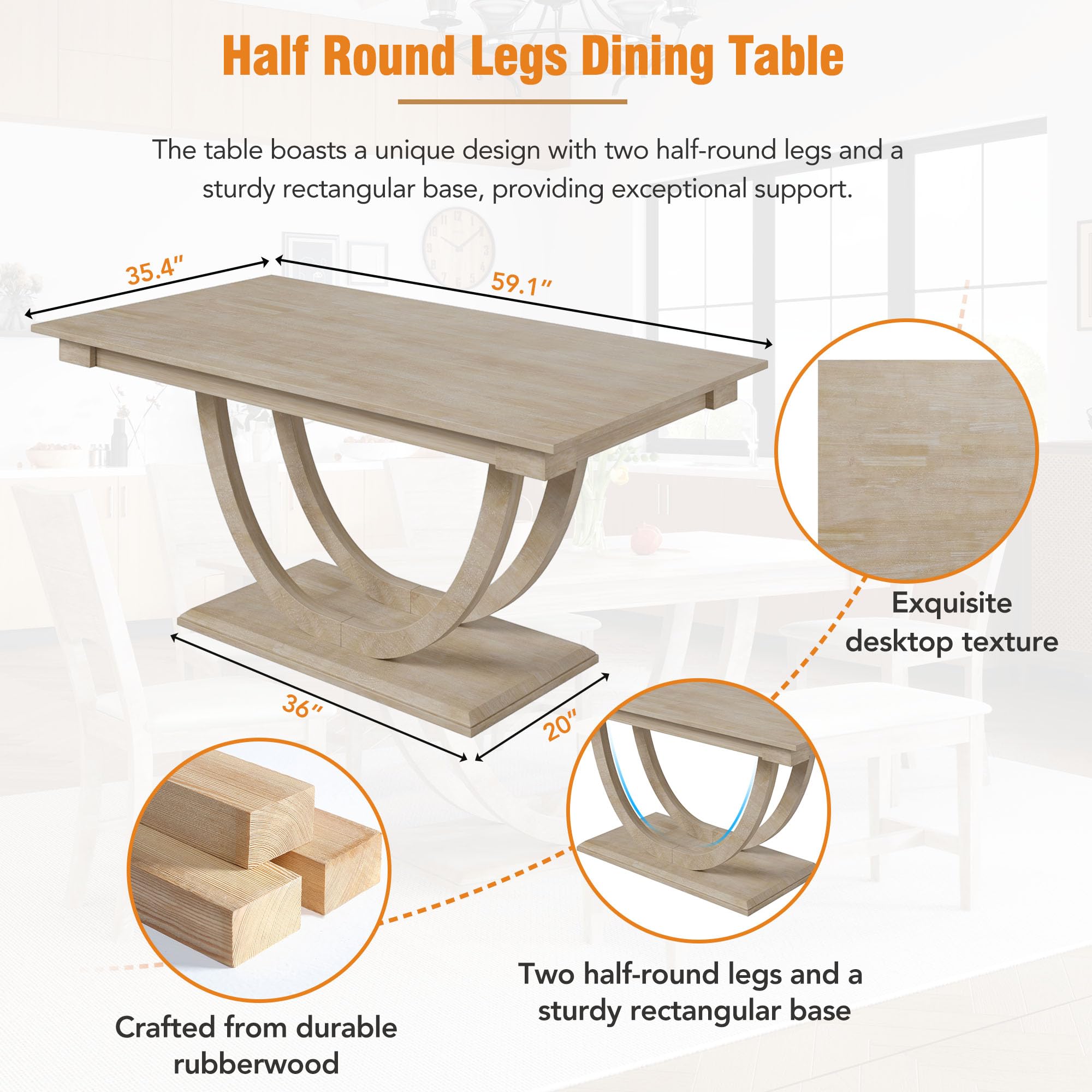 Wood Half Round Dining Table Set, Modern 6-Piece Kitchen Table Set with Long Bench and 4 Dining Chairs, Padded Chairs & Bench Set of 6, Half Round Legs Dining Table (Natural+beige,Half Round Legs)