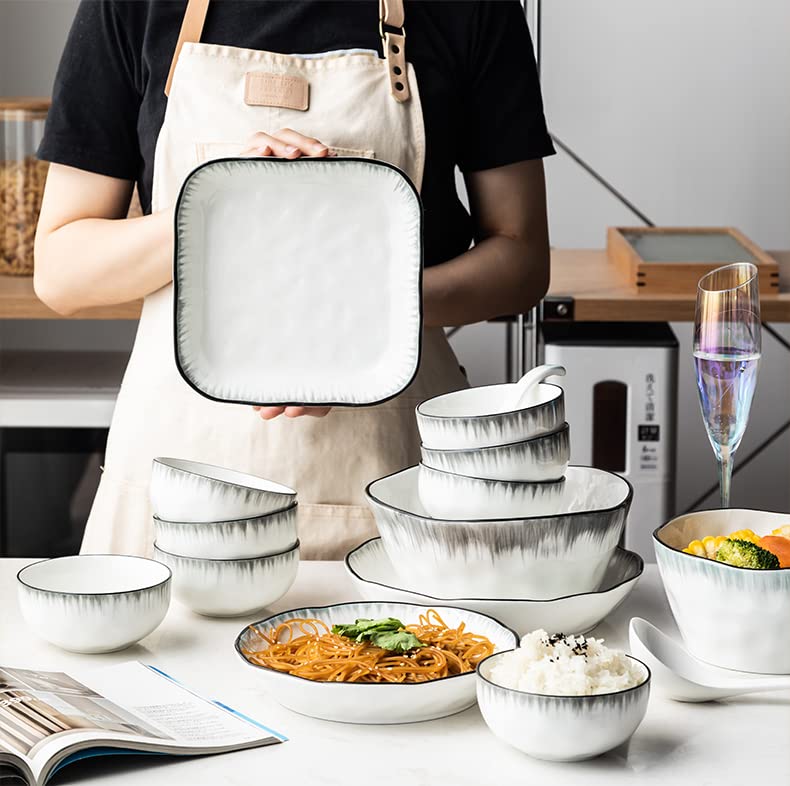 8 Inches Grey Lines Irregualr Design Square Ceramic Dinner Plates-Set of 2-White&Black Kitchenware