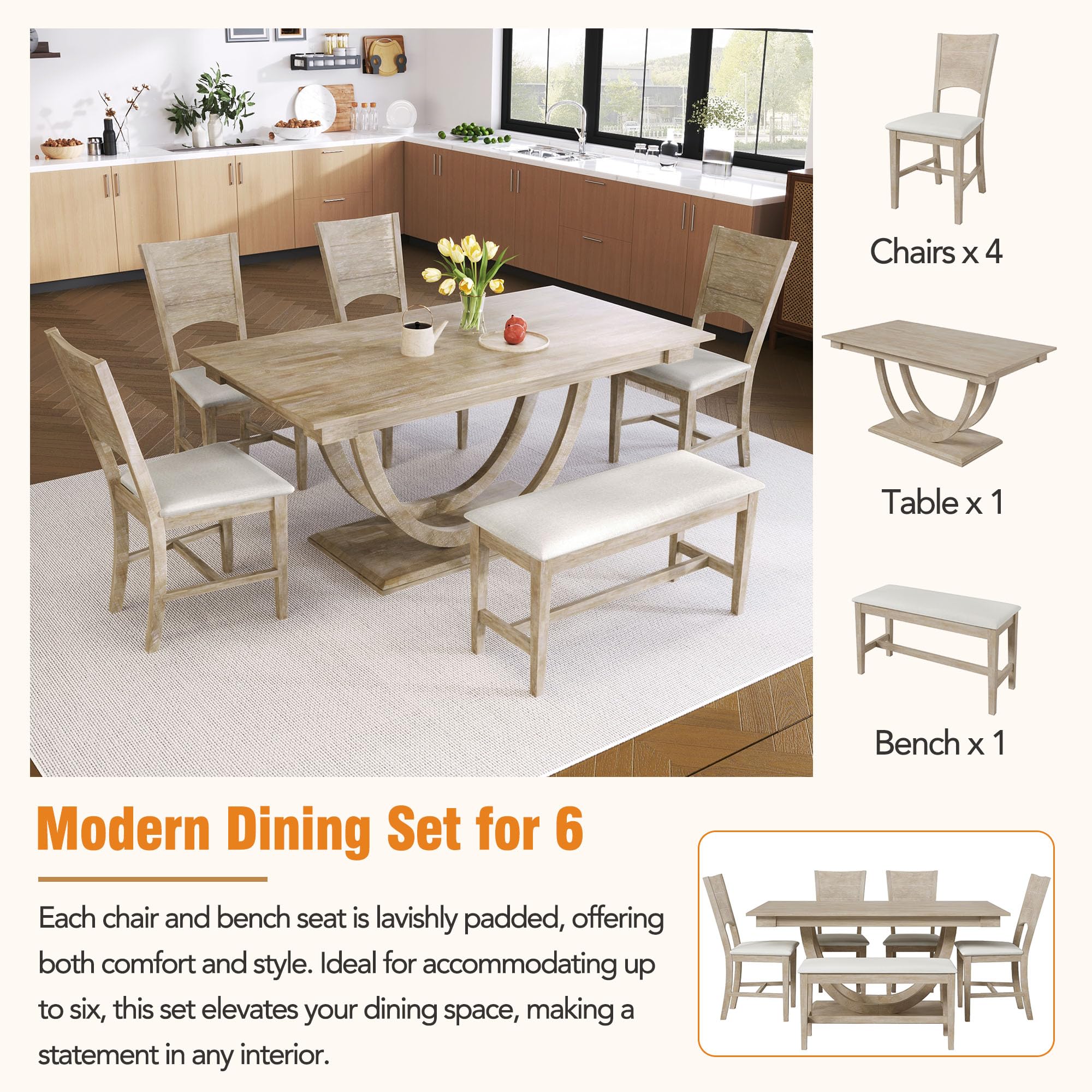 Wood Half Round Dining Table Set, Modern 6-Piece Kitchen Table Set with Long Bench and 4 Dining Chairs, Padded Chairs & Bench Set of 6, Half Round Legs Dining Table (Natural+beige,Half Round Legs)