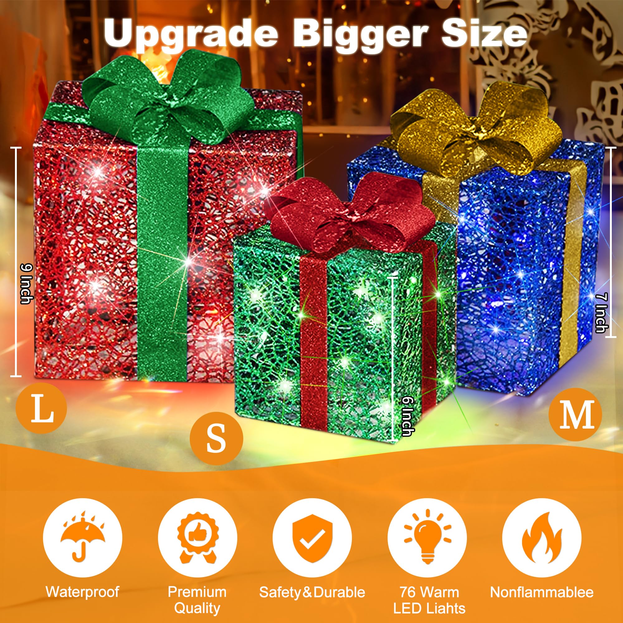 Christmas Lighted Present Boxes Decorations, Plug-in Warm White 70 LED Light Up Gift Boxes Outdoor Indoor for Xmas Tree Yard Home Holiday
