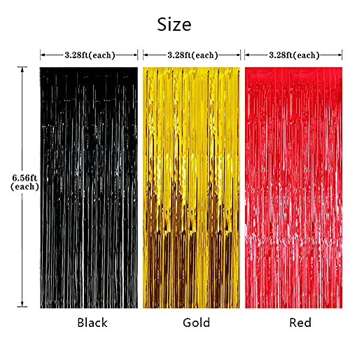 Mickey Birthday Party Supplies, Red Black Gold Fringe Curtains Photo Backdrop for Party Decorations (3 Pack)