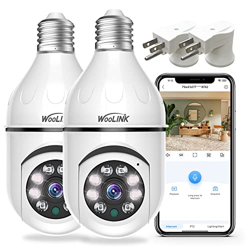 WOOLINK 2PCS Light Bulb Security Camera, 3MP Light Bulb Camera, 2.4Ghz Wireless WiFi Light Socket Security Camera with Motion Detection and Alerts, 2-Way Audio,Color Night Vision