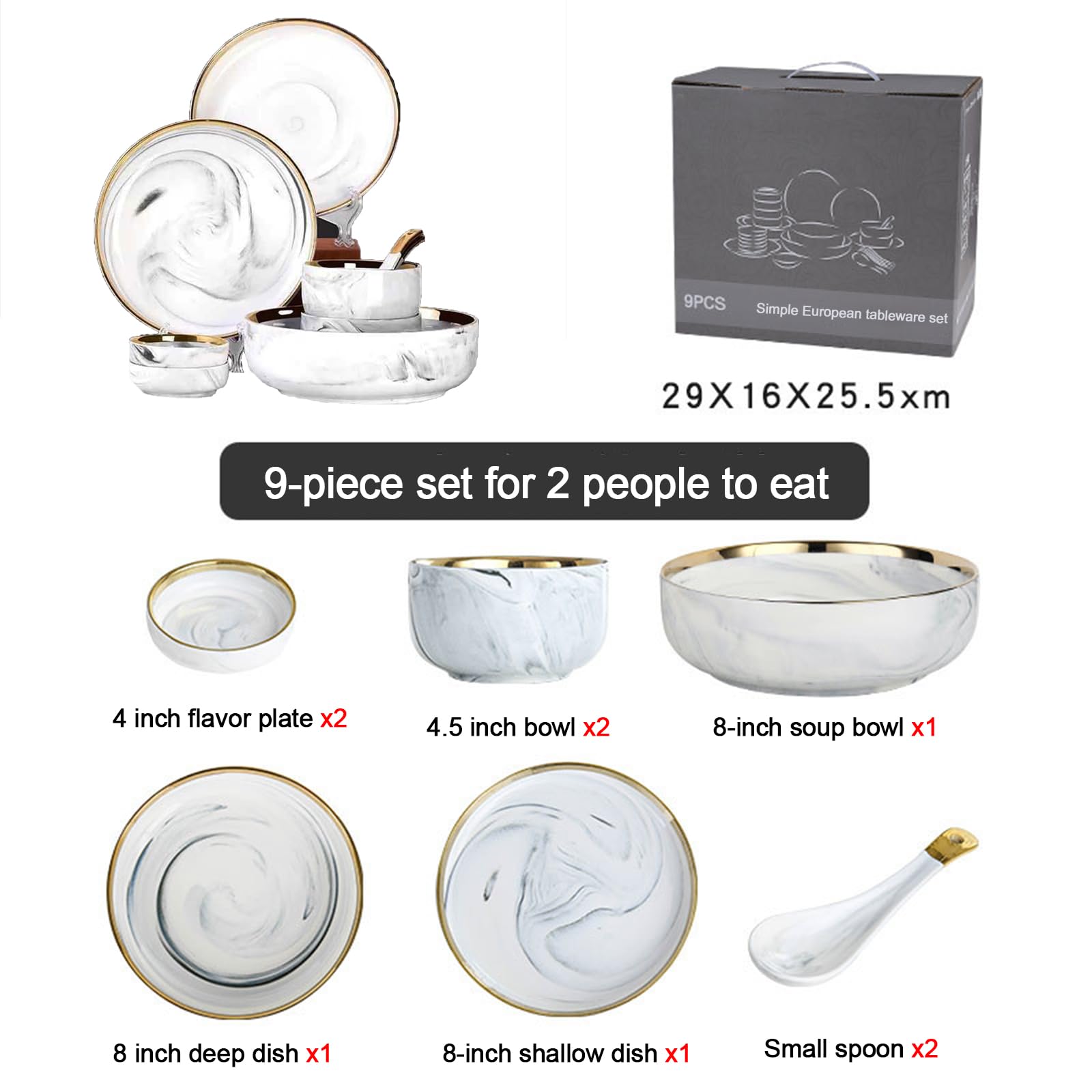 BINTING Steak Dinner Plate Gold Rim Ceramics Dinnerware Set Gold Rim Dinnerware Set European Style Dishes 9-Pieces Sets Gold Edge Marble Pattern Sturdy Tableware