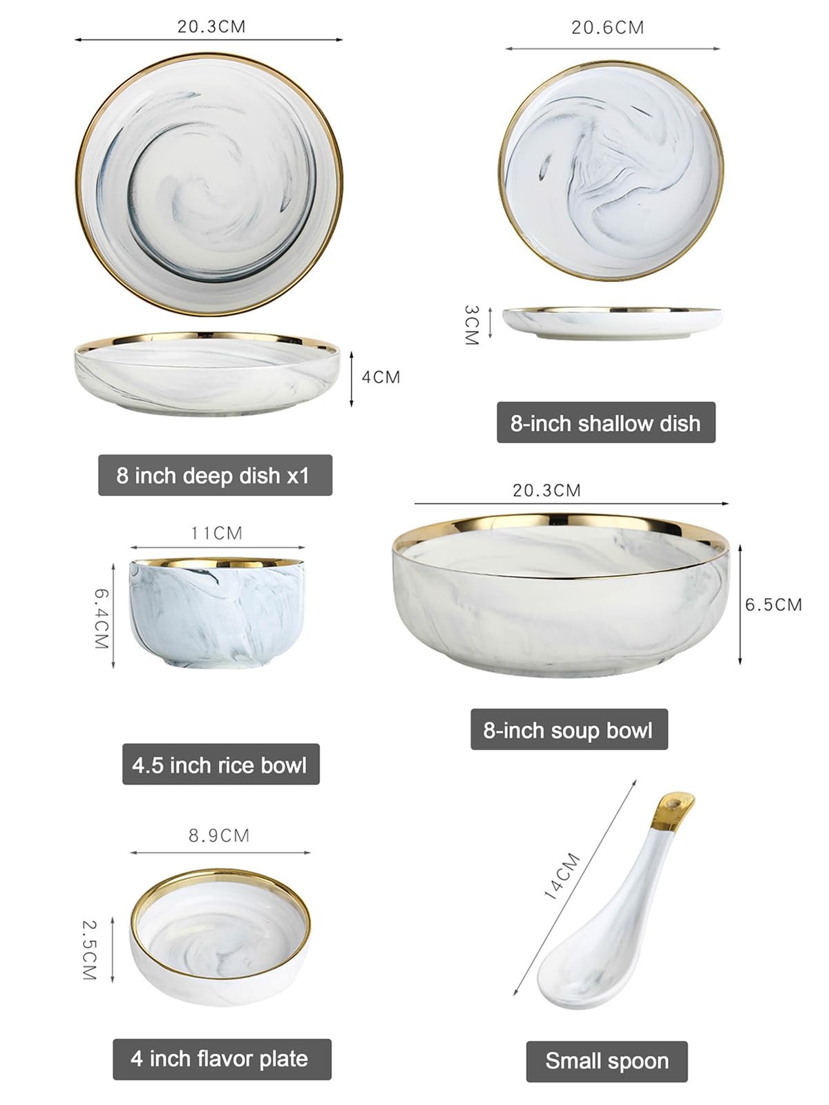 BINTING Steak Dinner Plate Gold Rim Ceramics Dinnerware Set Gold Rim Dinnerware Set European Style Dishes 9-Pieces Sets Gold Edge Marble Pattern Sturdy Tableware
