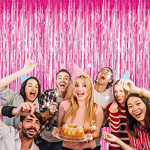 GOER 6.4 ft x 9.8 ft Metallic Tinsel Foil Fringe Curtains,Pack of 2 Party Streamer Backdrop for Galentines Day,Birthday,Graduation Decorations and New Year Eve (Hot Pink)