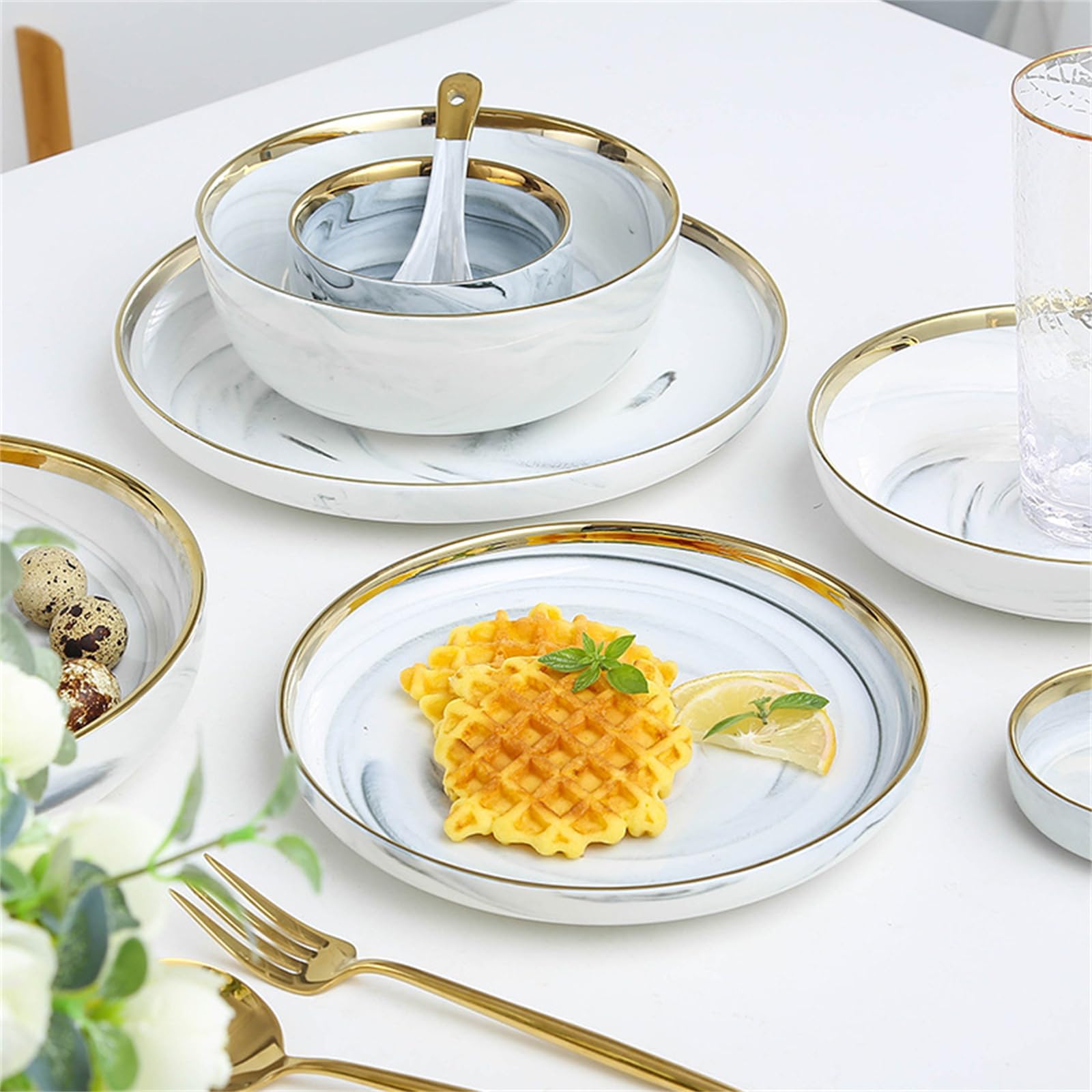 BINTING Steak Dinner Plate Gold Rim Ceramics Dinnerware Set Gold Rim Dinnerware Set European Style Dishes 9-Pieces Sets Gold Edge Marble Pattern Sturdy Tableware