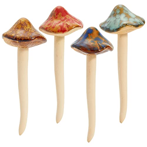 Juvale 4 Pack of Outdoor Miniature Ceramic Mushrooms for Garden Decorations, Fairy Plant Decorations for Pots, Yard, Mini Ornament Stakes for Lawn Decor (2 x 5 Inches)