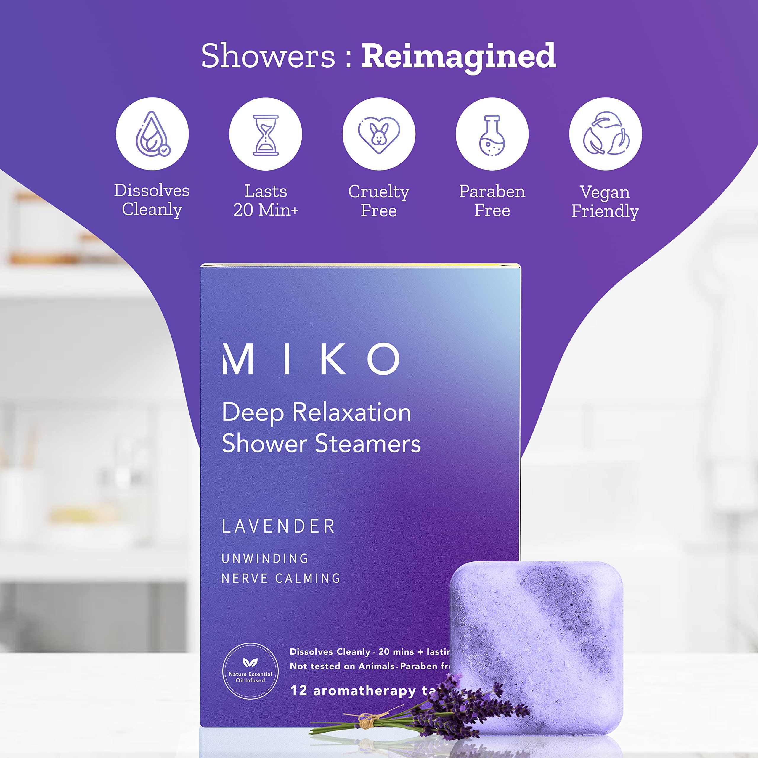 Miko Shower Steamers Aromatherapy for Women and Men, 12 Pack Long Lasting Essential Oil Infused Shower Bomb Aromatherapy for Stress Release and Relaxation, Valentine’s Day Gift for Him & Her -Lavender