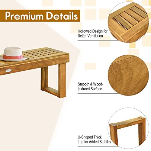 Tangkula 52 Inches Acacia Wood Patio Bench, Wood Dining Bench with Slatted Seat, Patio Backless Bench for Garden Backyard Poolside Balcony, Ideal for Outdoors & Indoors (1, Teak)